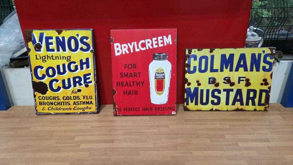 3 X TIN REPRO ADVERTISING SIGNS, COLEMANS , VENOS & BRYLCREEM